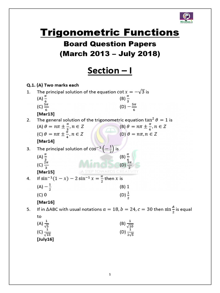Trigonometric Functions PYQs (Updated July 2025) | PDF | Trigonometric Functions | Mathematical ...