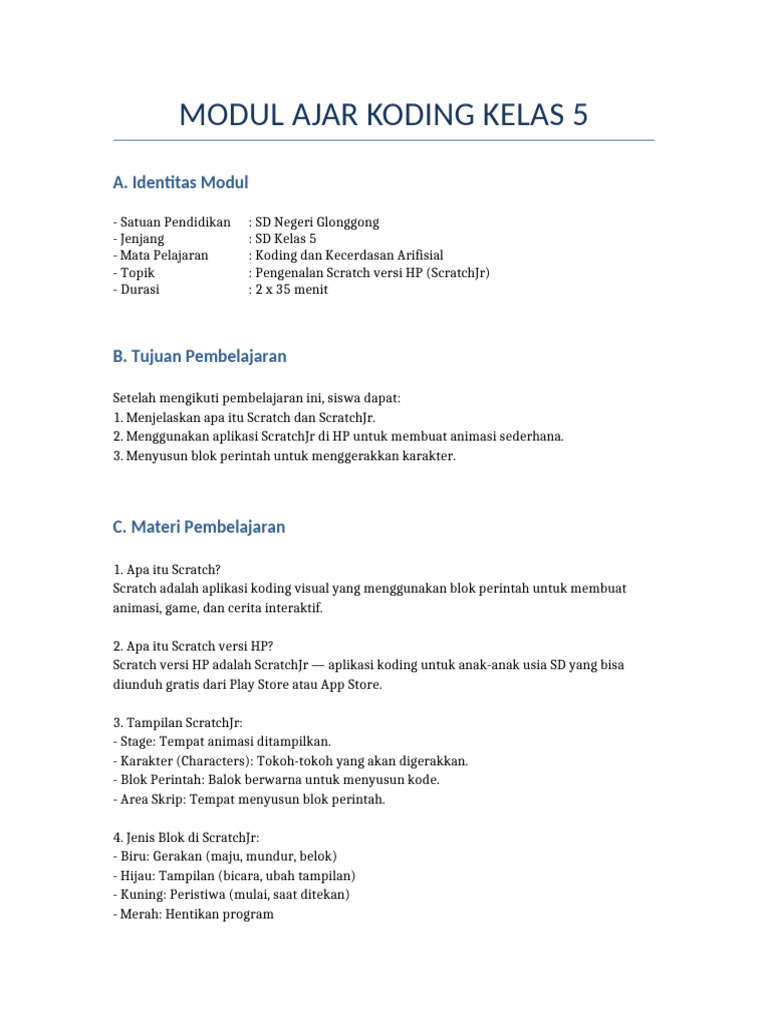 Modul Ajar Koding Kelas 5 ScratchJr HP | PDF