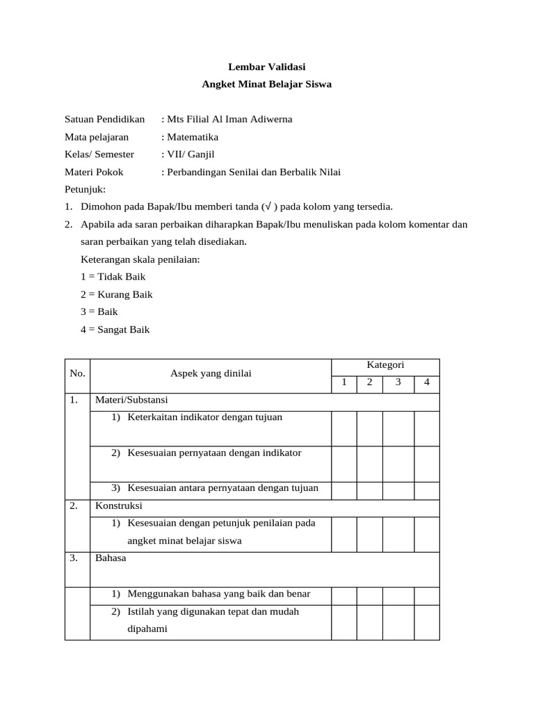 Lembar Validasi Angket Minat Belajar Siswa Iftikhatun Afifah | PDF