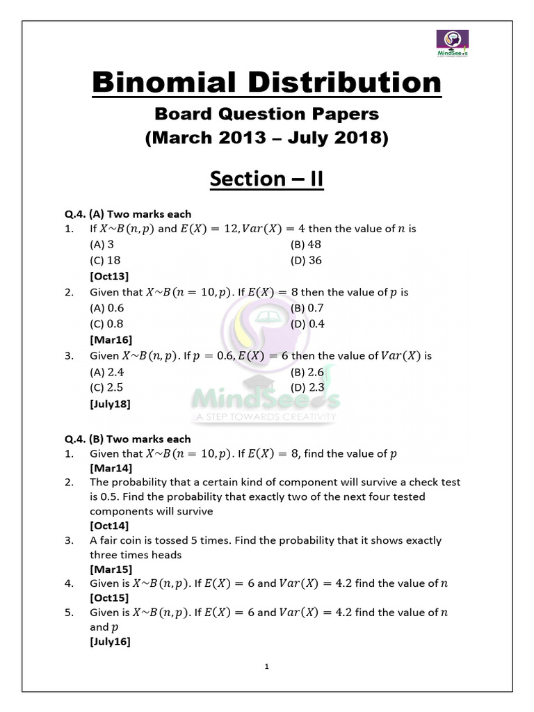 Binomial Distribution PYQs (Updated July 2025) | PDF | Multiple Choice | Probability