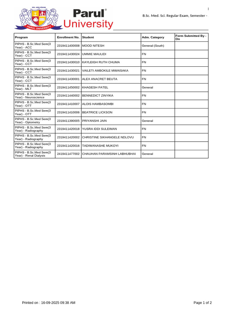 Exam Form Status B SC Med Sci Regular Exam Semester 5 Winter 2025 26 (1 ...