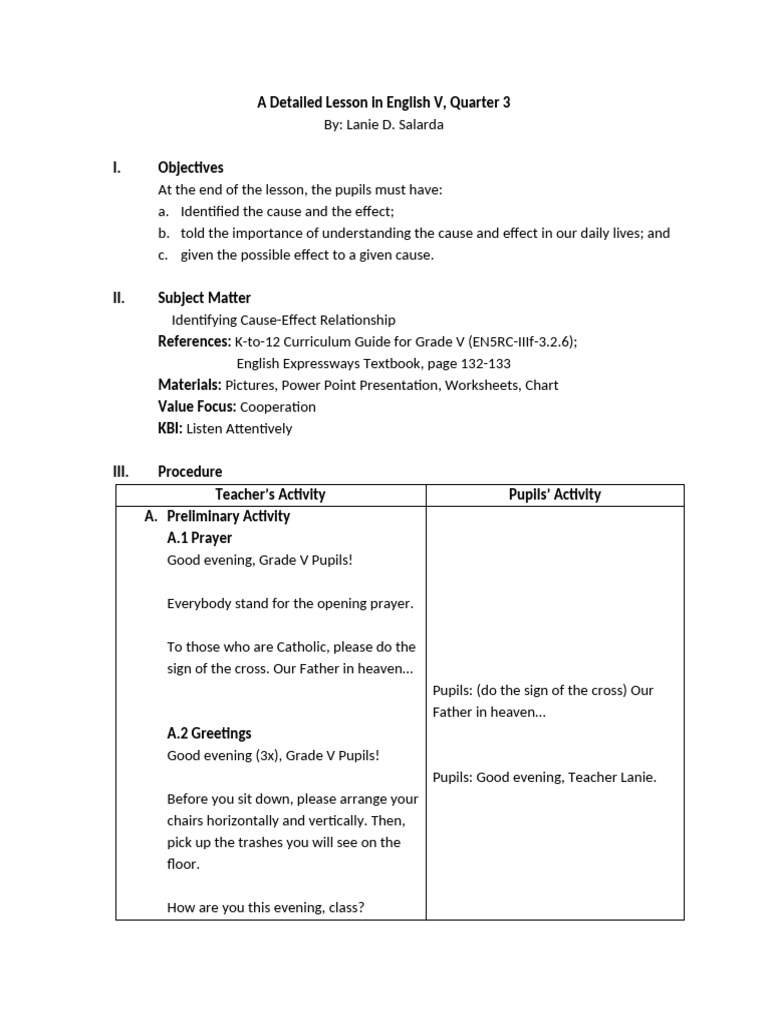Cause-Effect Lesson Plan for Grade V | PDF