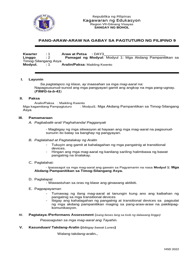 Daily Lesson Guide Sa Filipino 9 q1 Wk2 Day3 | PDF