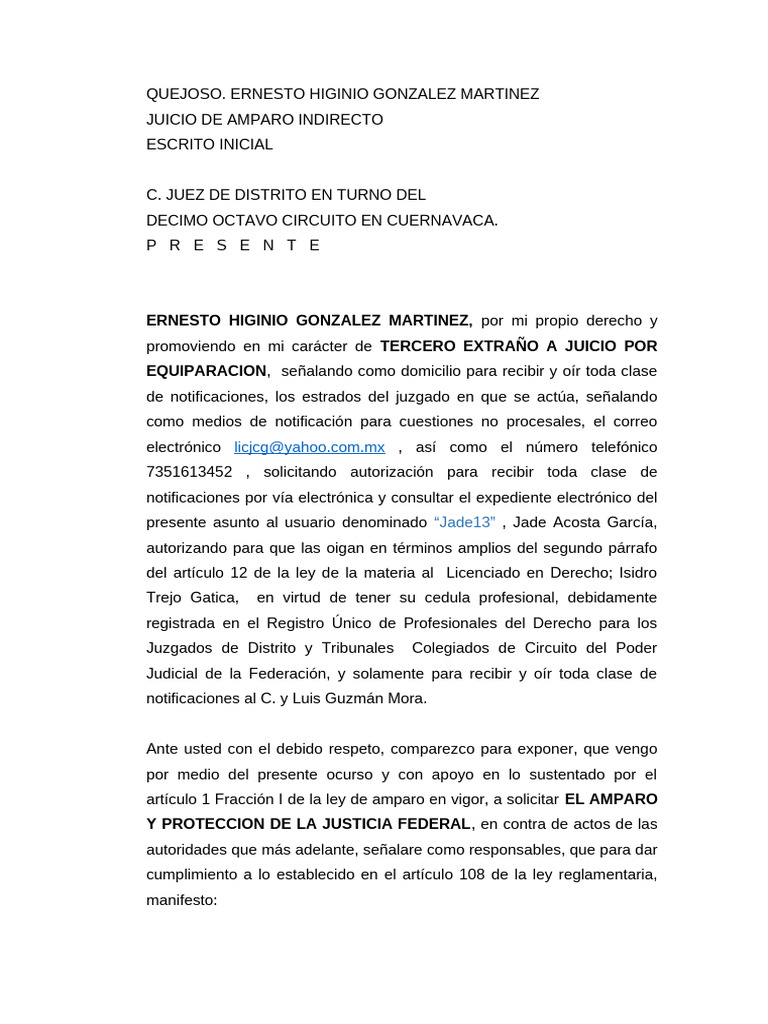 Amparo Indirecto de Ernesto Higinio González | PDF | Debido al proceso ...