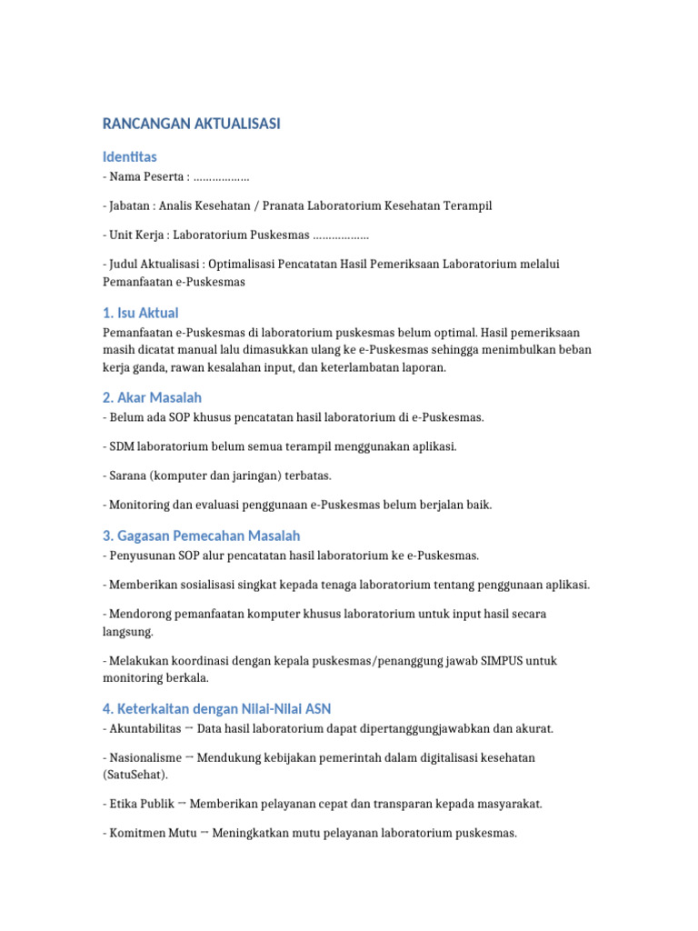 Rancangan Aktualisasi Isu Laboratorium Puskesmas | PDF