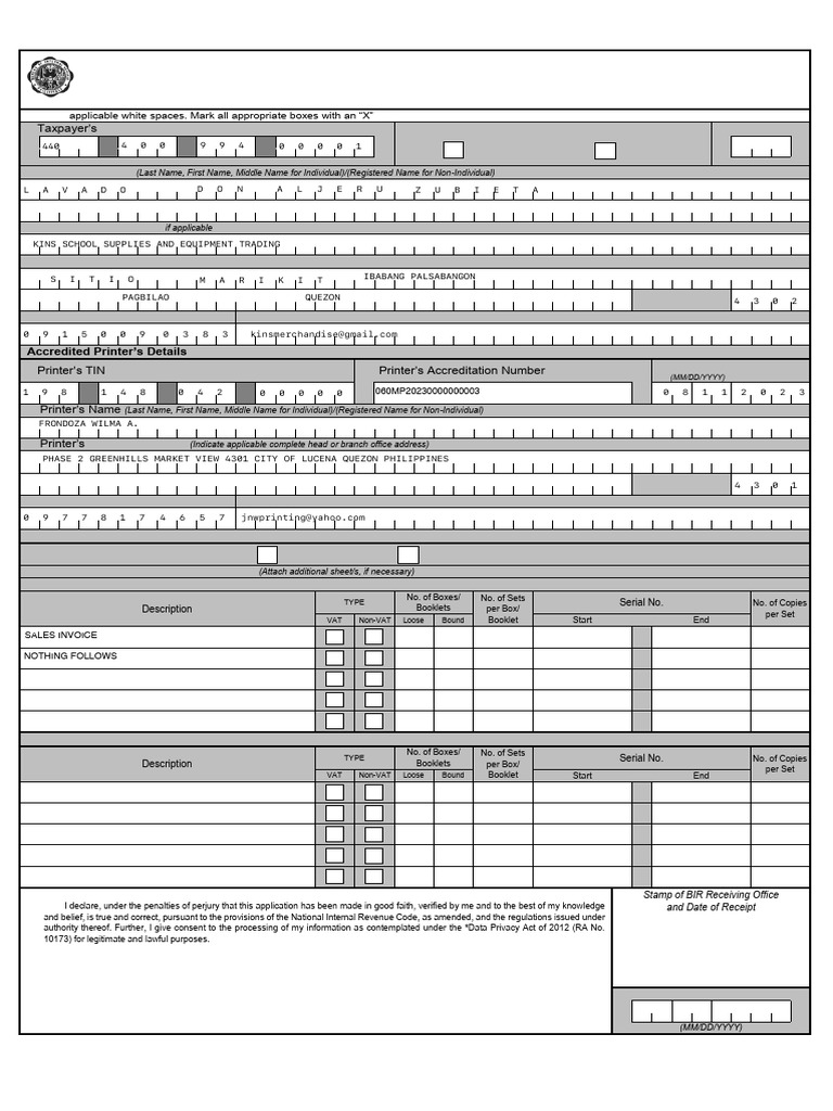 BIR Application for Invoice Printing | PDF | Invoice