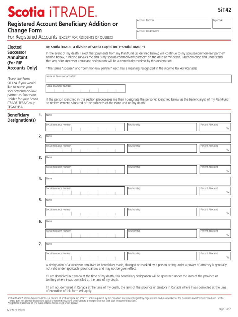 Scotia iTRADE Beneficiary Change Form | PDF | Trustee | Indemnity
