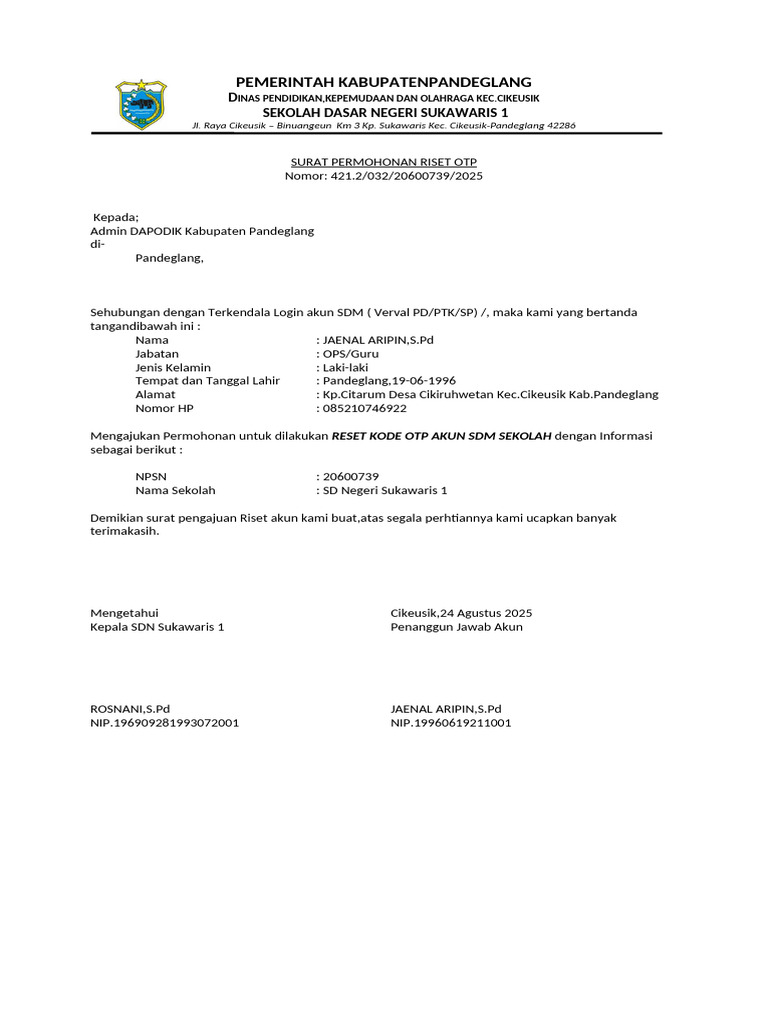 Permohonan Reset OTP Akun SDM Pandeglang | PDF