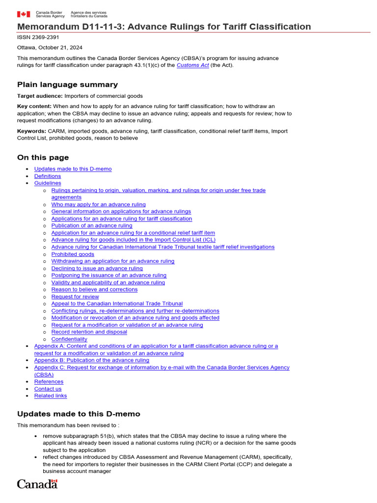 CBSA D11-11-3 Advance Rulings Guide | PDF | Customs | Tariff