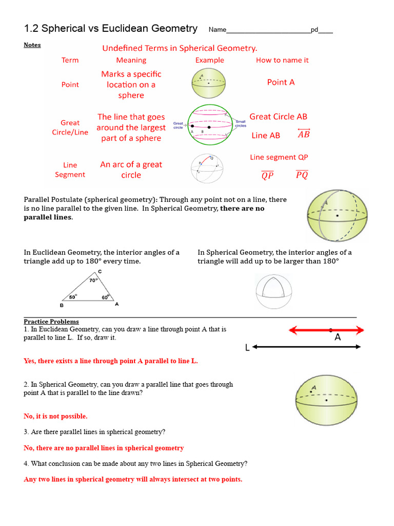 1.2 Filled Notes Spherical Vs Euclidean | PDF | Line (Geometry) | Triangle