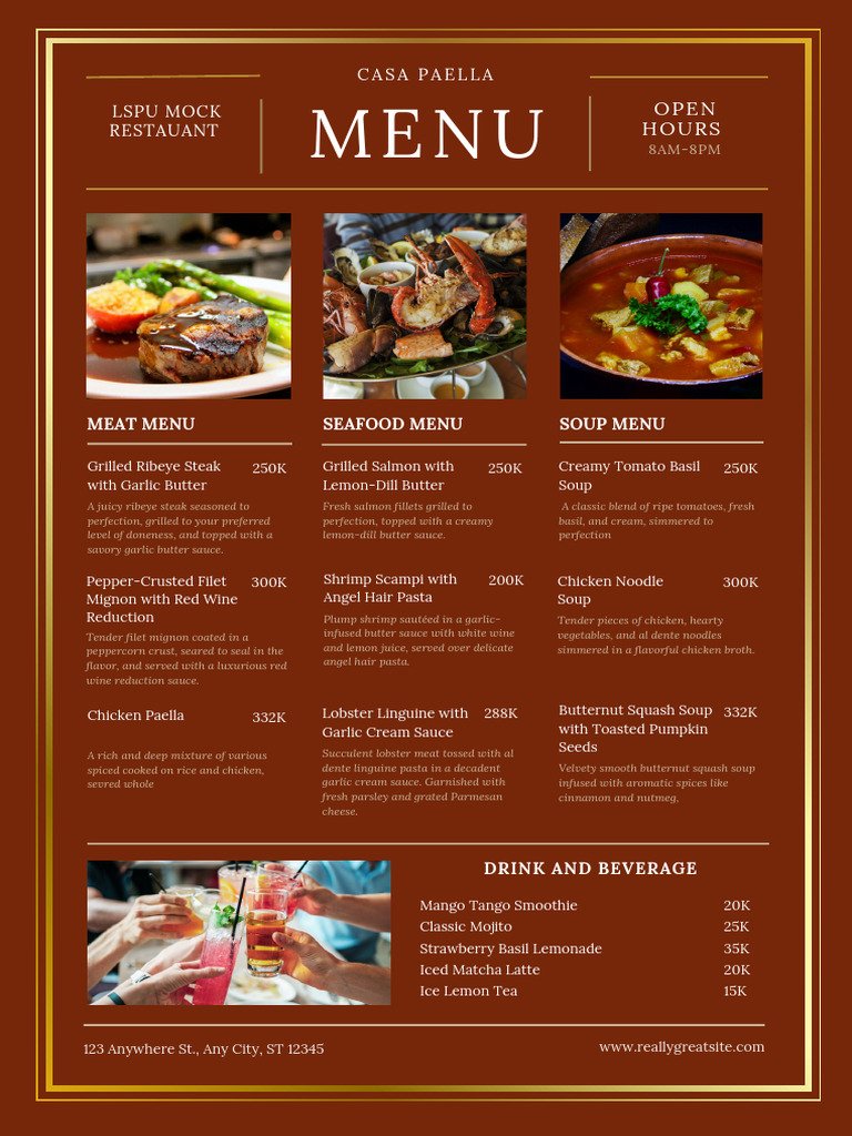 Red Gold Elegant Restaurant Menu | PDF | Soup | Pasta