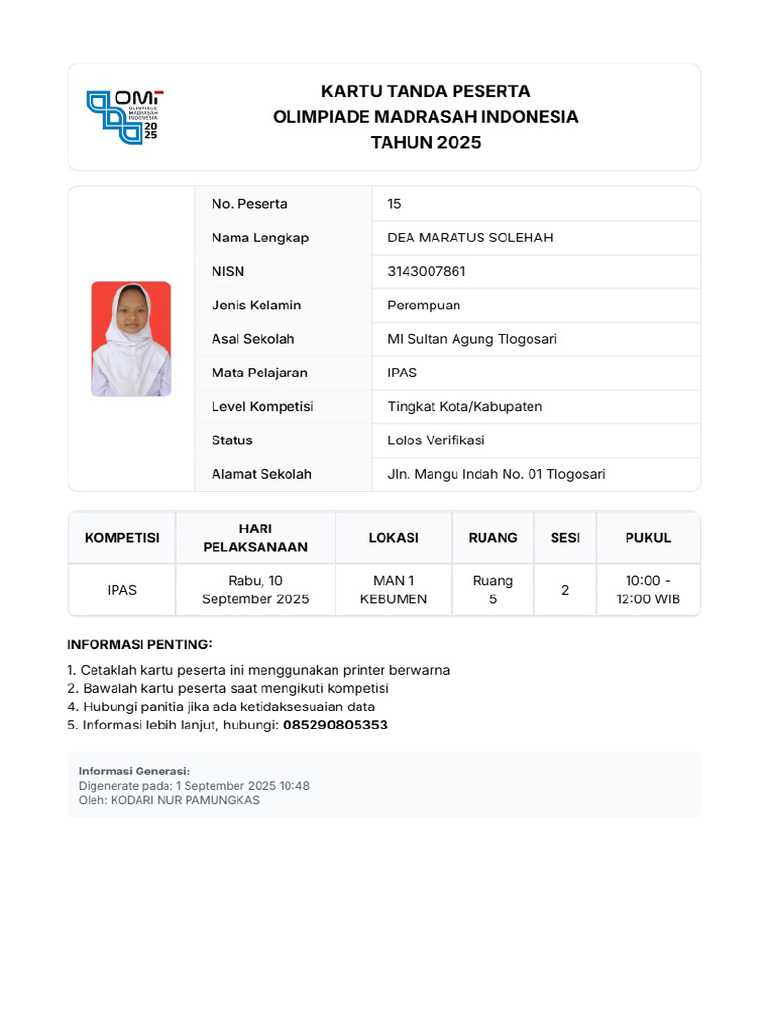 Kartu Peserta Dea Maratus Solehah 2025 09 08 | PDF
