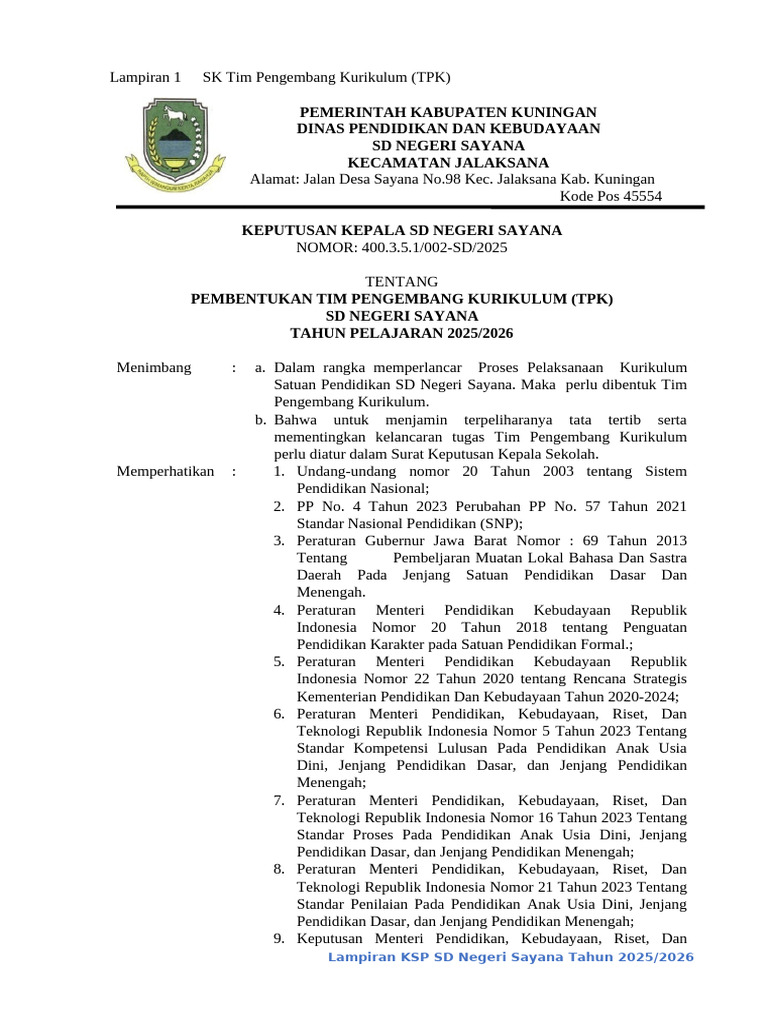 SK Tim Pengembang Kurikulum SD 2025 | PDF