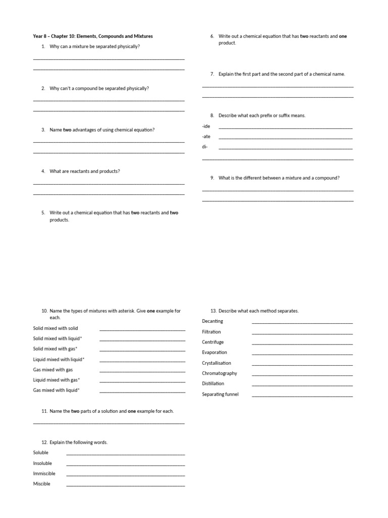 Science Checkpoint 2 Chapter 10 Elements Compounds and Mixtures | PDF | Solubility | Chemistry