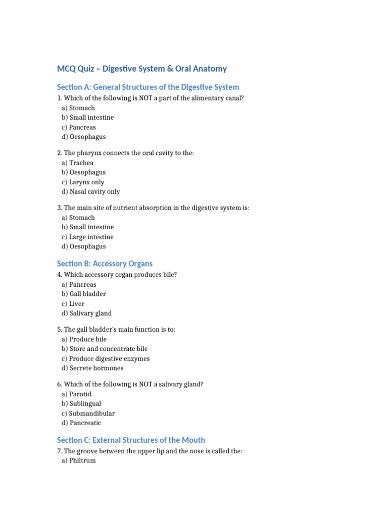 Digestive System & Oral Anatomy MCQ Quiz | PDF | Human Tooth | Human ...