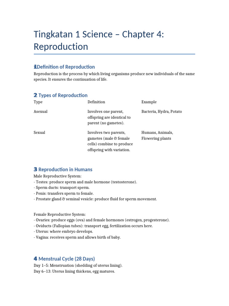 Tingkatan 1 Science Chapter 4 Reproduction | PDF | Plant Reproduction | Sexual Reproduction