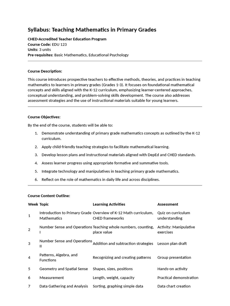Primary Grades Math Teaching Syllabus | PDF | Mathematics | Educational ...