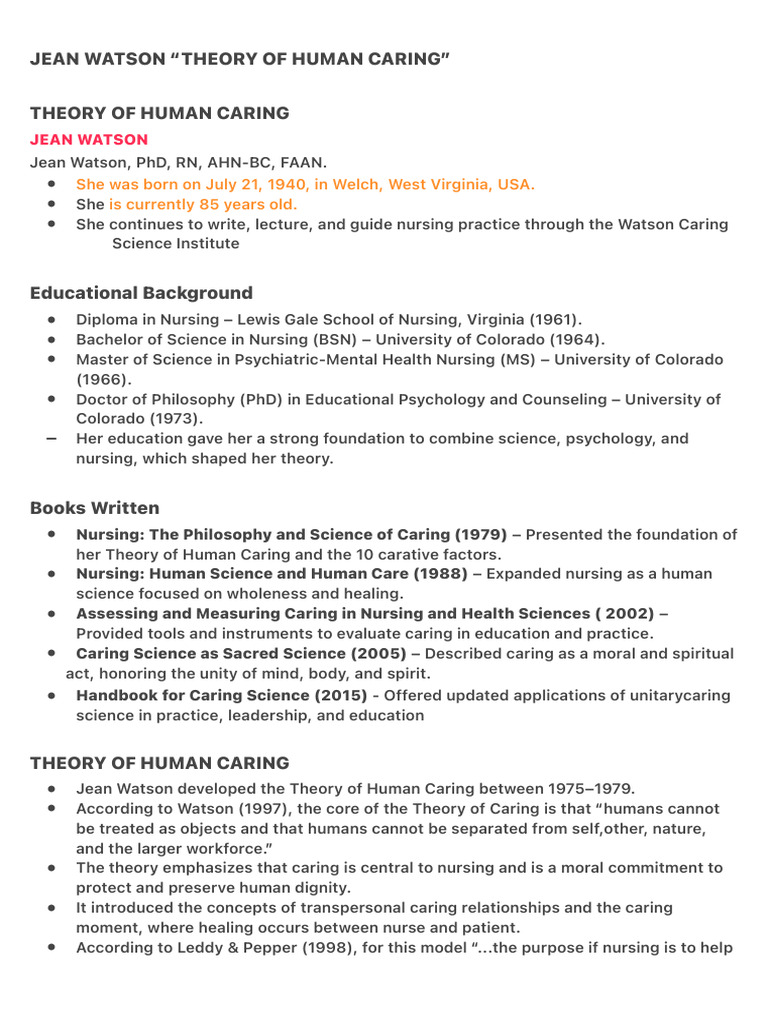 Jean Watson's Theory of Human Caring | PDF | Well Being | Nursing