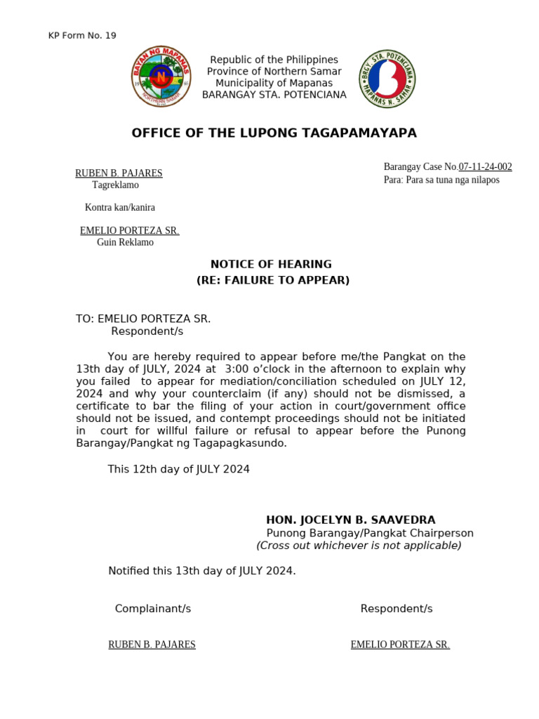 Notice of Hearing for Barangay Case | PDF