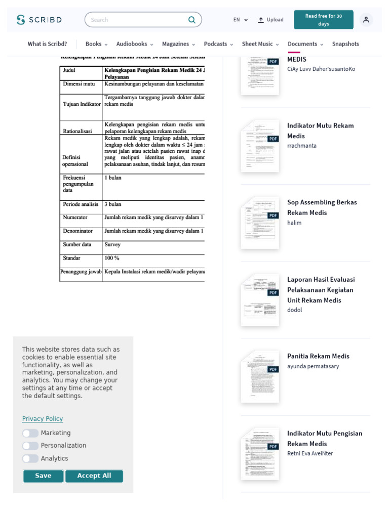 PDF Indikator Mutu Unit Rekam Medis Compress | PDF