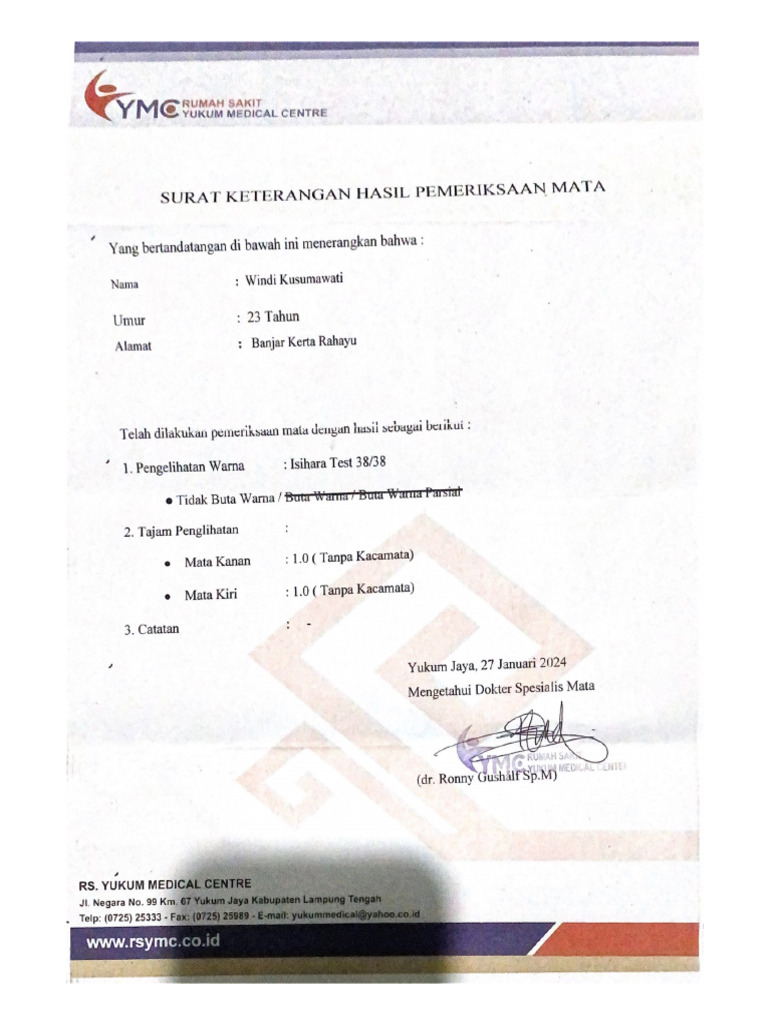 Surat Keterangan Hasil Pemeriksaan Mata | PDF