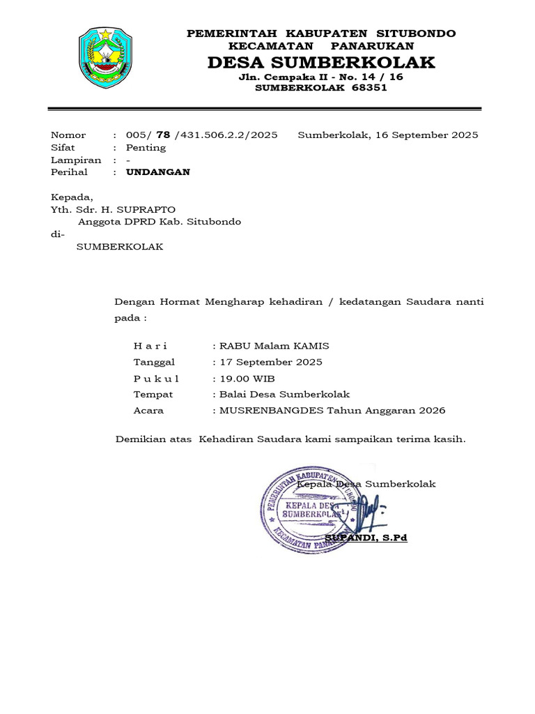 Undangan Musrenbangdes Sumberkolak 2025 | PDF