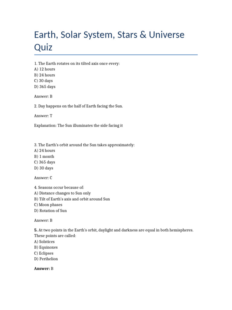 Earth SolarSystem Stars Universe Quiz | PDF | Sun | Stars