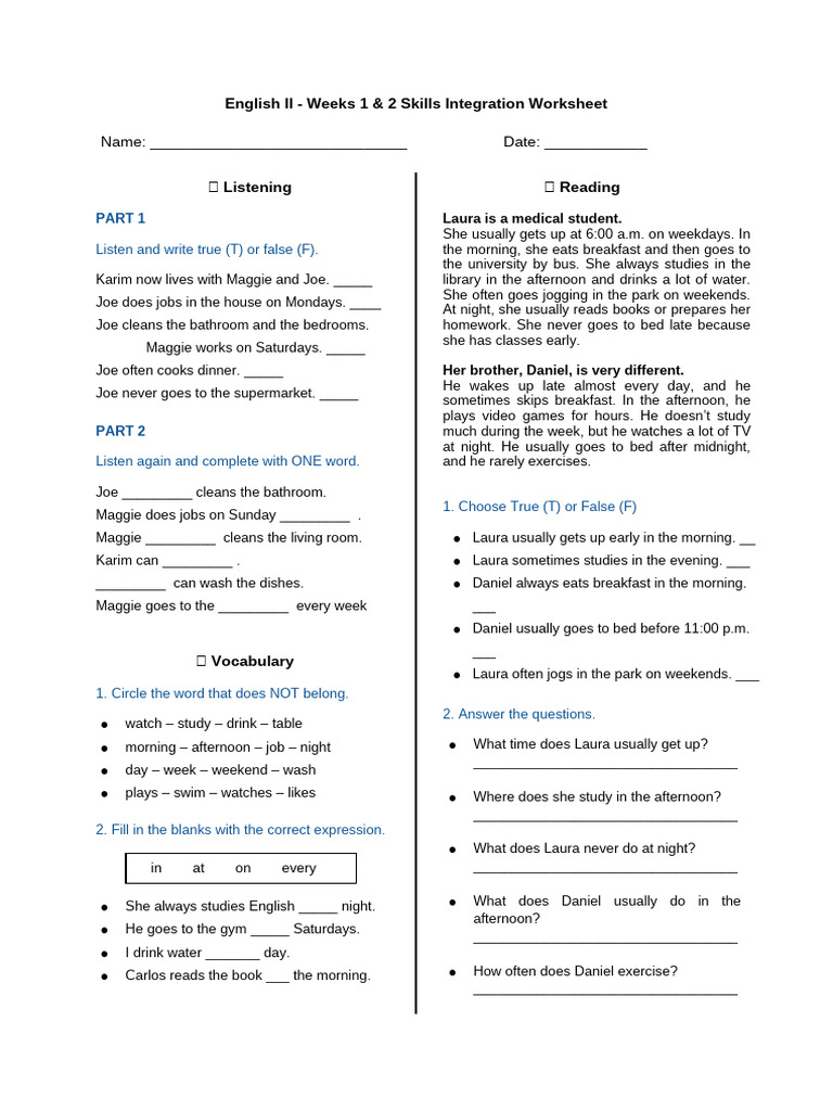 English II - Weeks 1 & 2 Skills Integration Worksheet | PDF | Workweek ...
