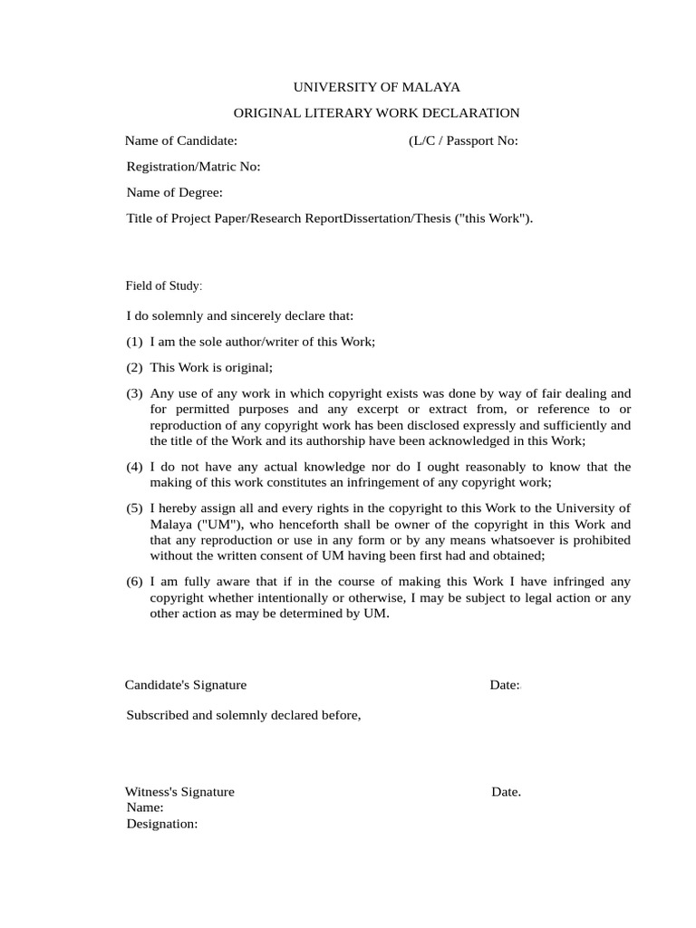 Original Literary Work Declaration | PDF