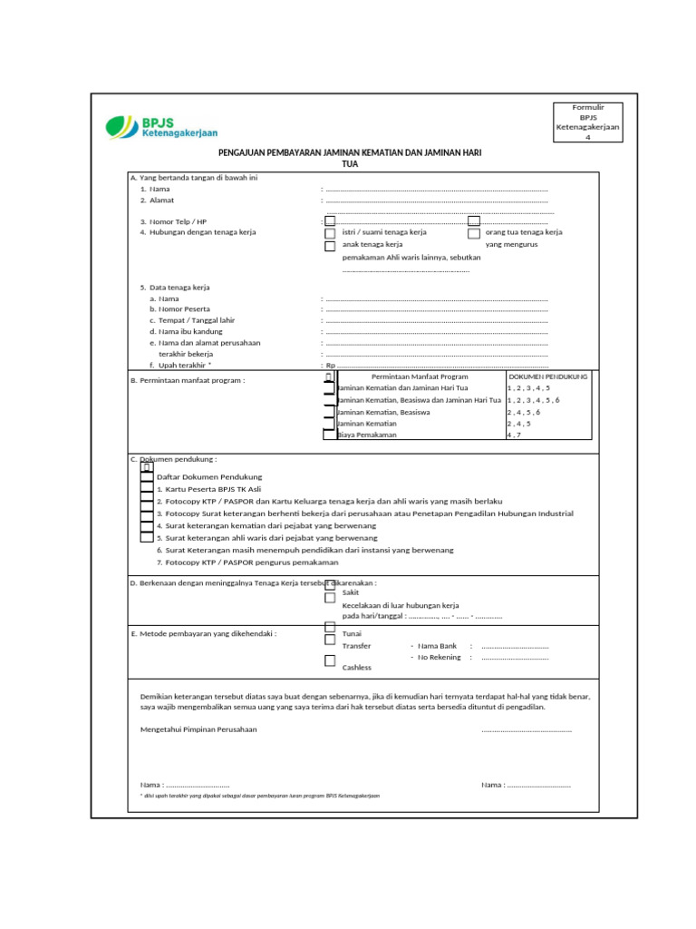 Formulir Klaim JHT BPJS Ketenagakerjaan | PDF