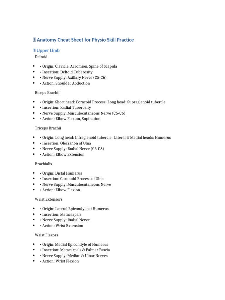 Anatomy Cheat Sheet for Physio Skills | PDF