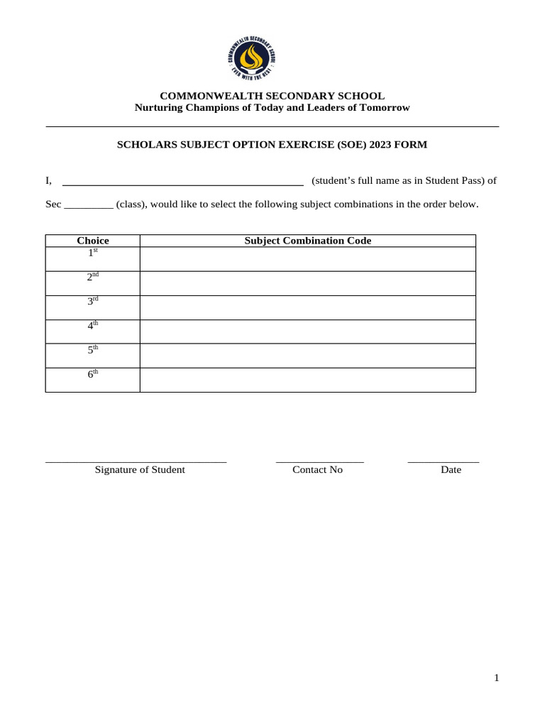 SOE 2023 Subject Selection Form | PDF