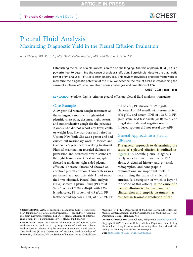 Pleural Fluid Analysis for Diagnosis | PDF | Lactate Dehydrogenase ...