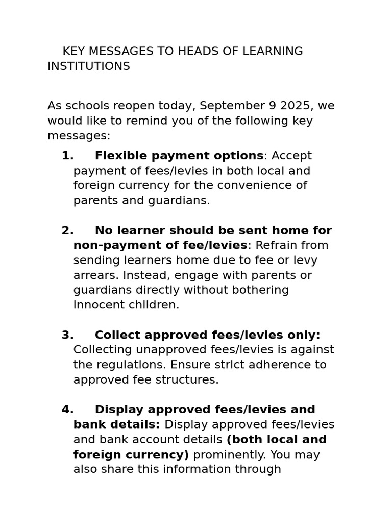 Key Messages for School Reopening 2025 | PDF | Fee