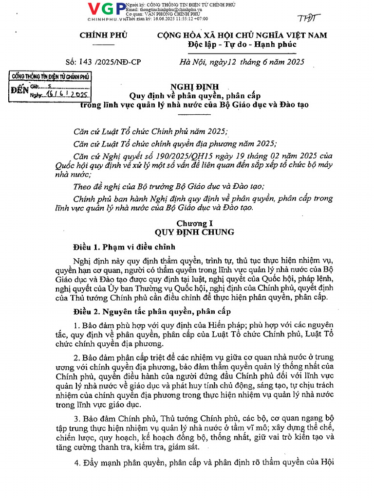 ND - 143-2025 Quy Dinh Phan Quyen Phan Cap Trong QLNN Cu Bo GDDT | PDF