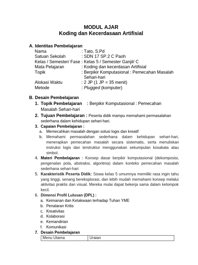 LK 5.2 RPP Berpikir Komputasional Cahyo Nugroho, S.PD | PDF