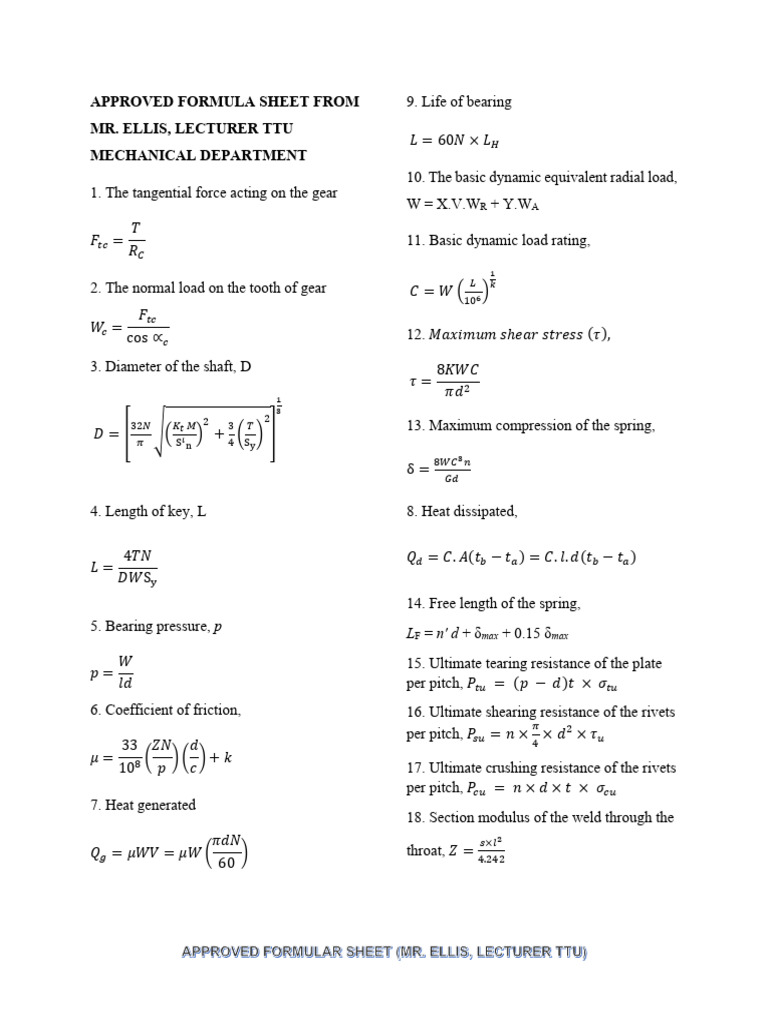 Approved Machine Design Formula Sheet (From Mr. Ellis) | PDF | Classical Mechanics | Applied And ...