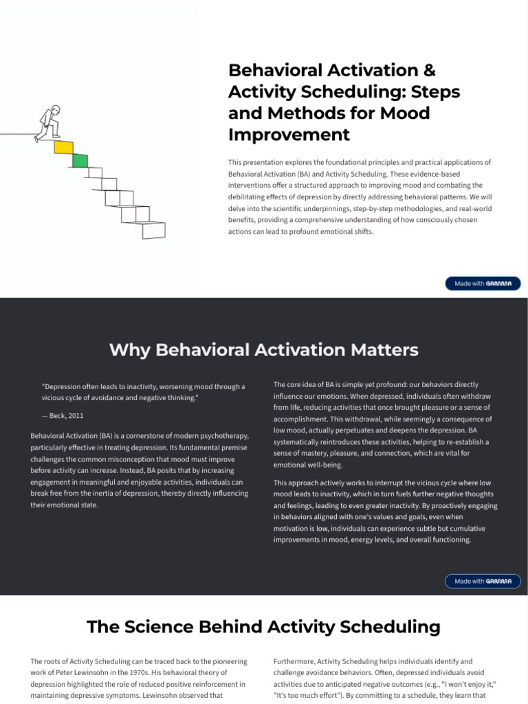 Behavioral Activation and Activity Scheduling Steps and Methods For Mood Improvement | PDF ...