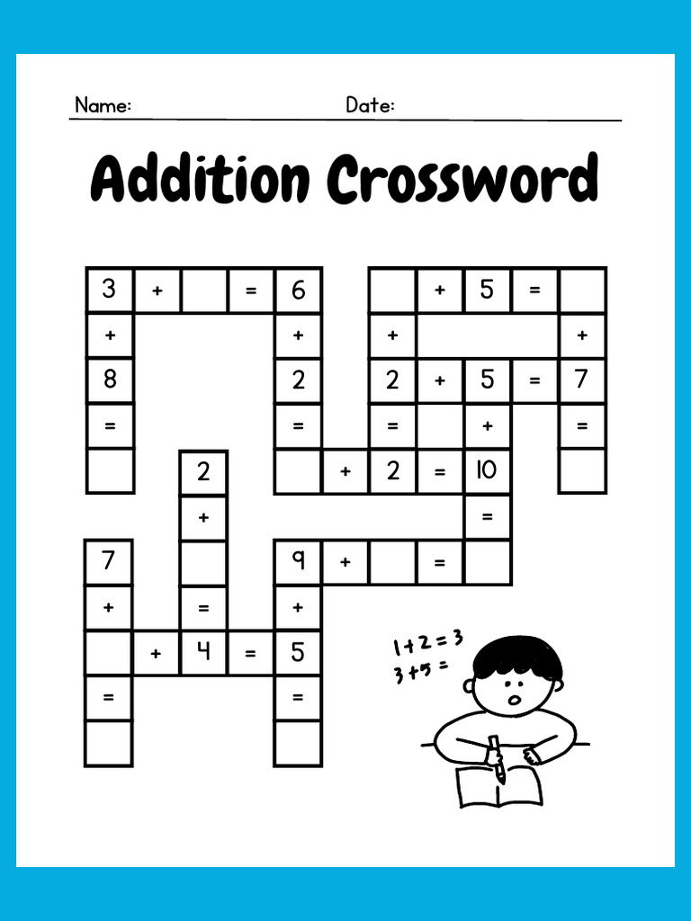 Addition Crossword Puzzle Worksheet in Blue Illustrative Style ...