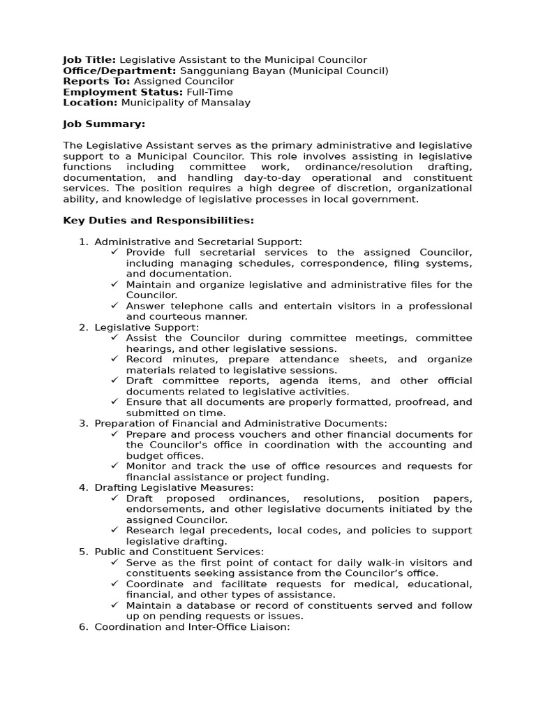 Municipal Councilor Legislative Assistant | PDF | Secretary | Committee