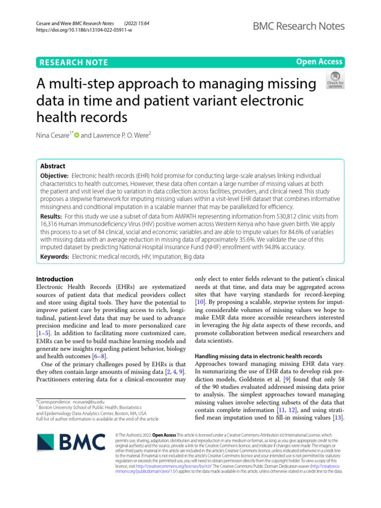 A Multi-Step Approach To Managing Missing Data in Time and Patient Variant Electronic Health ...