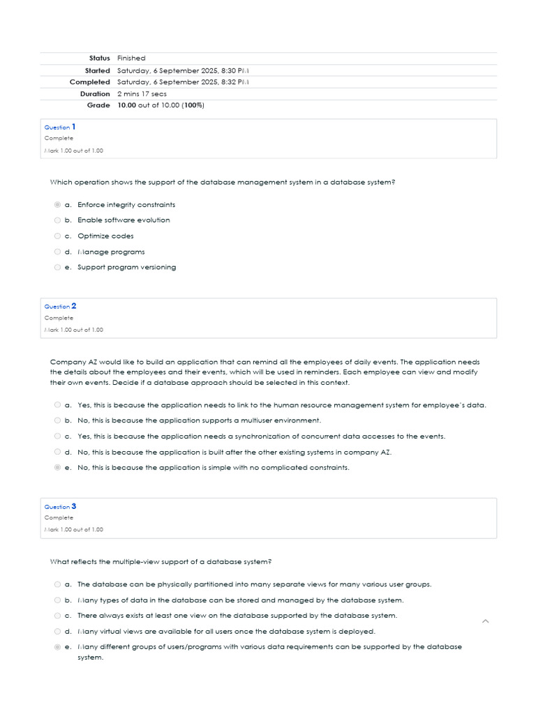QUIZ 1 - Database System Concepts and Architecture - Attempt Review - BK-LMS | PDF | Databases ...
