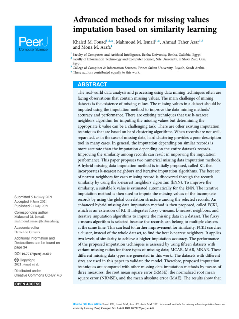 Advanced Methods For Missing Values Imputation Based On Similarity Learning | PDF | Cluster ...