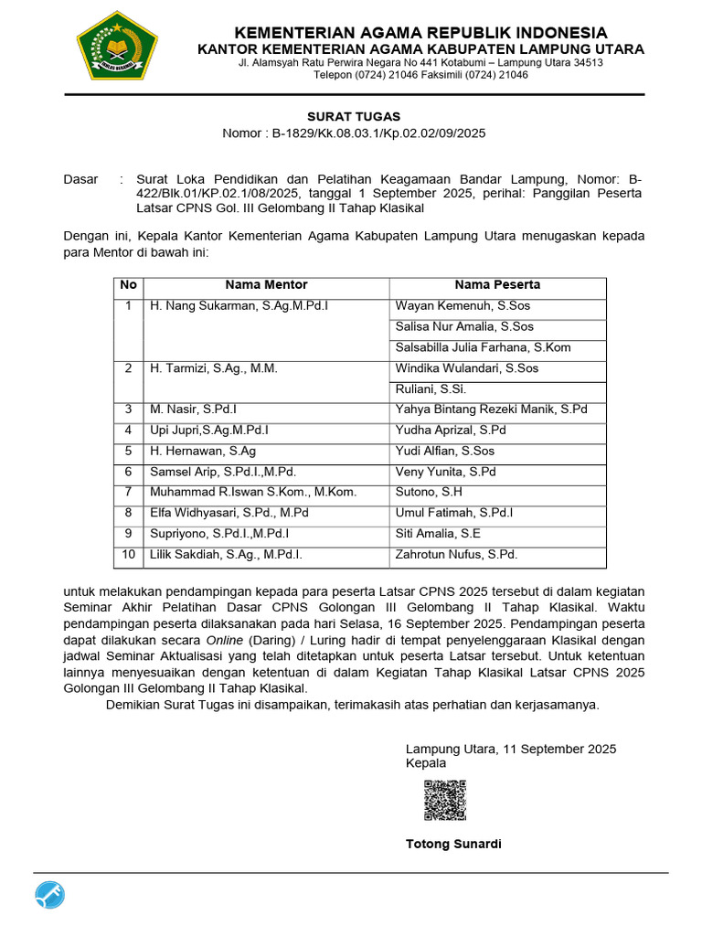 Surat Panggilan Latsar CPNS Gol - III Gelombang II Klasikal 2025 | PDF
