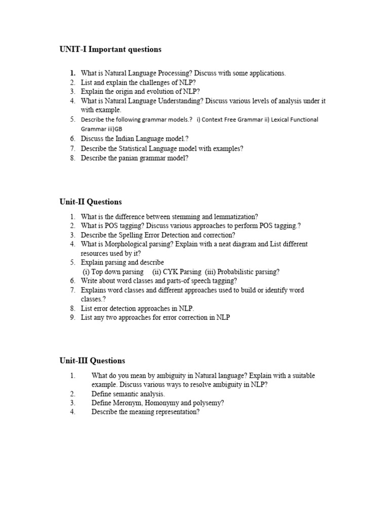NLP CIE 1 Important Questions | PDF | Parsing | Part Of Speech