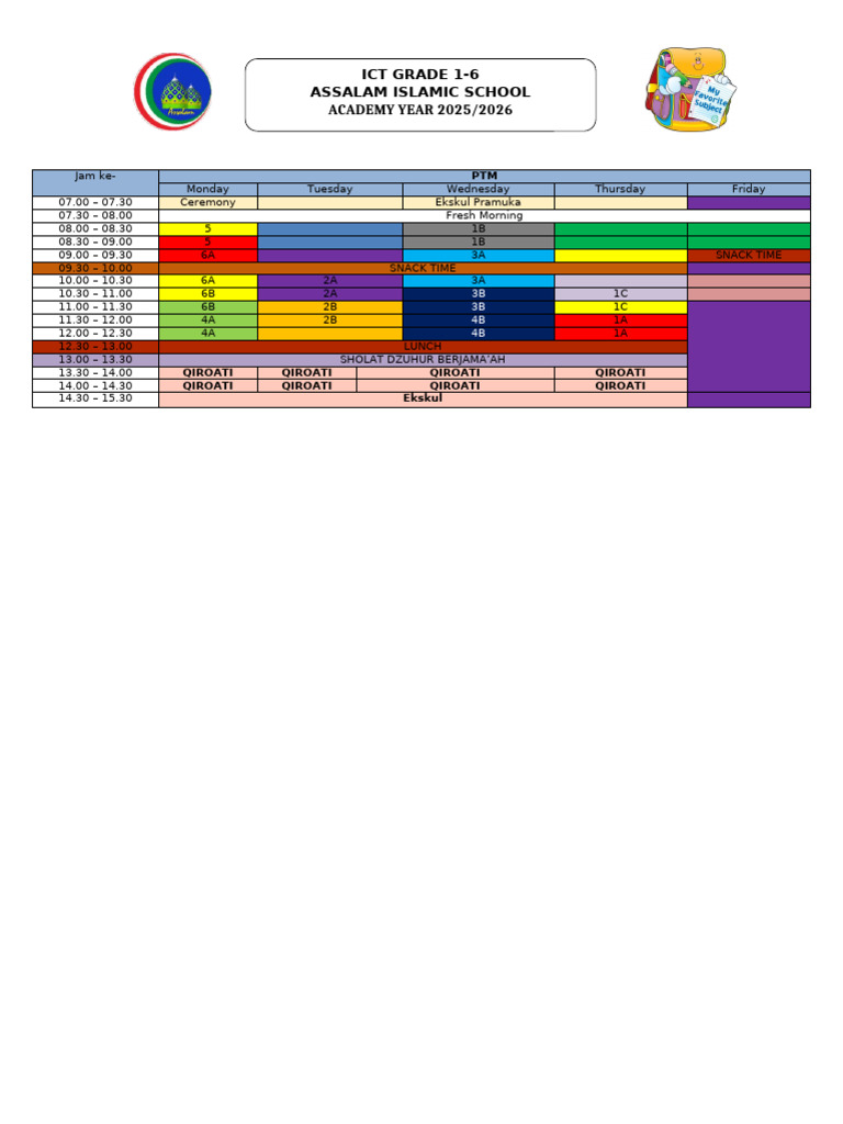 Weekly Schedule for Assalam Islamic School | PDF