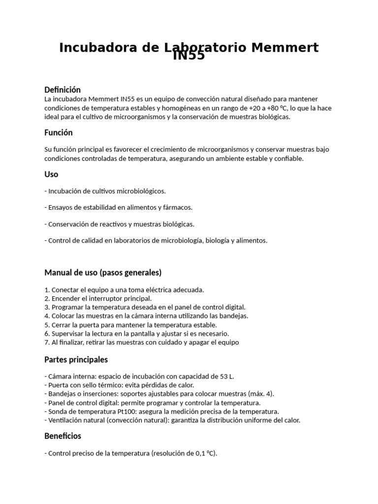 Incubadora Memmert IN55: Cultivo y Conservación | PDF