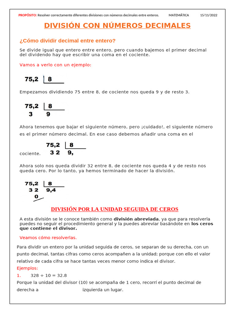 División de Decimales y Enteros | PDF | División (Matemáticas) | Decimal