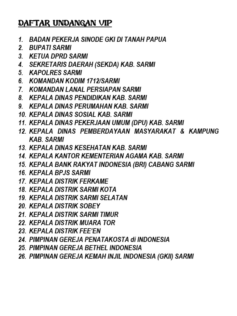 Daftar Undangan VIP Acara Sarmi | PDF