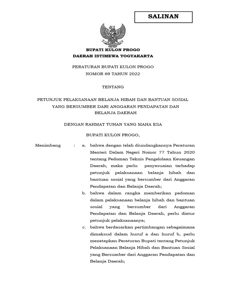 Perbup Nomor 69 Tahun 2022 Tentang Juklak Hibah Dan Bansos | PDF